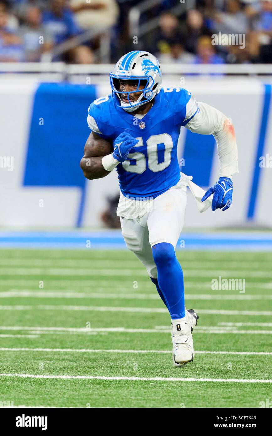 Detroit Lions linebacker Mitchell Agude (50) pursues a play on defense ...