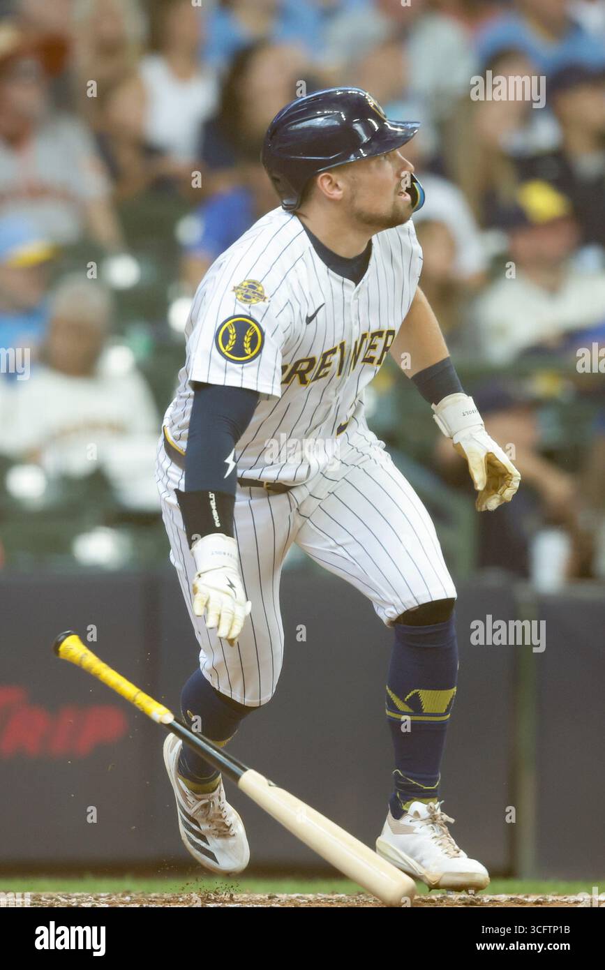 Milwaukee Brewers' Caleb Durbin watches his home run during the fifth ...