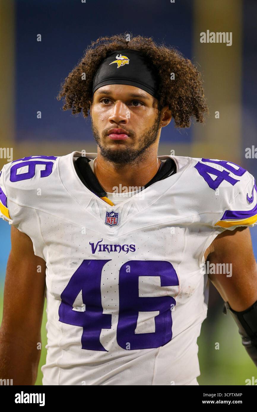Minnesota Vikings tight end Bryson Nesbit (46) walks off the field ...