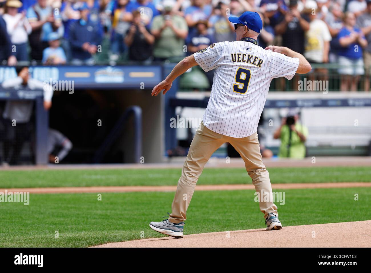 MILWAUKEE, WI - AUGUST 24: Bob Uecker Jr throws out the ceremonial ...