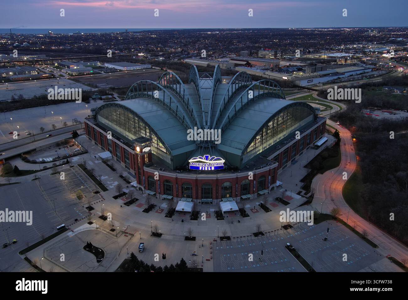 A general overall aerial view of American Family Field stadium, Friday ...