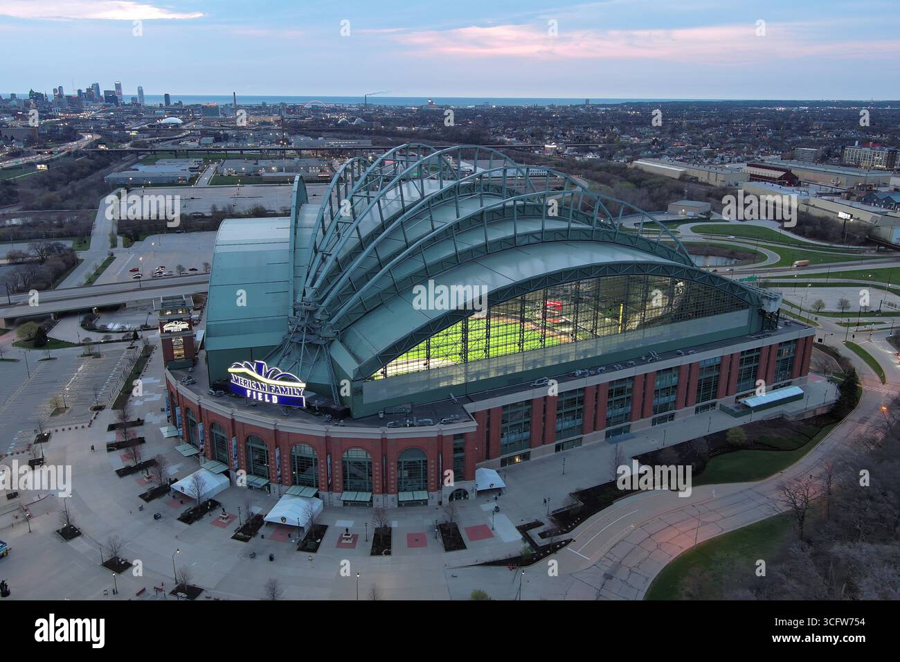 A general overall aerial view of American Family Field stadium, Friday ...