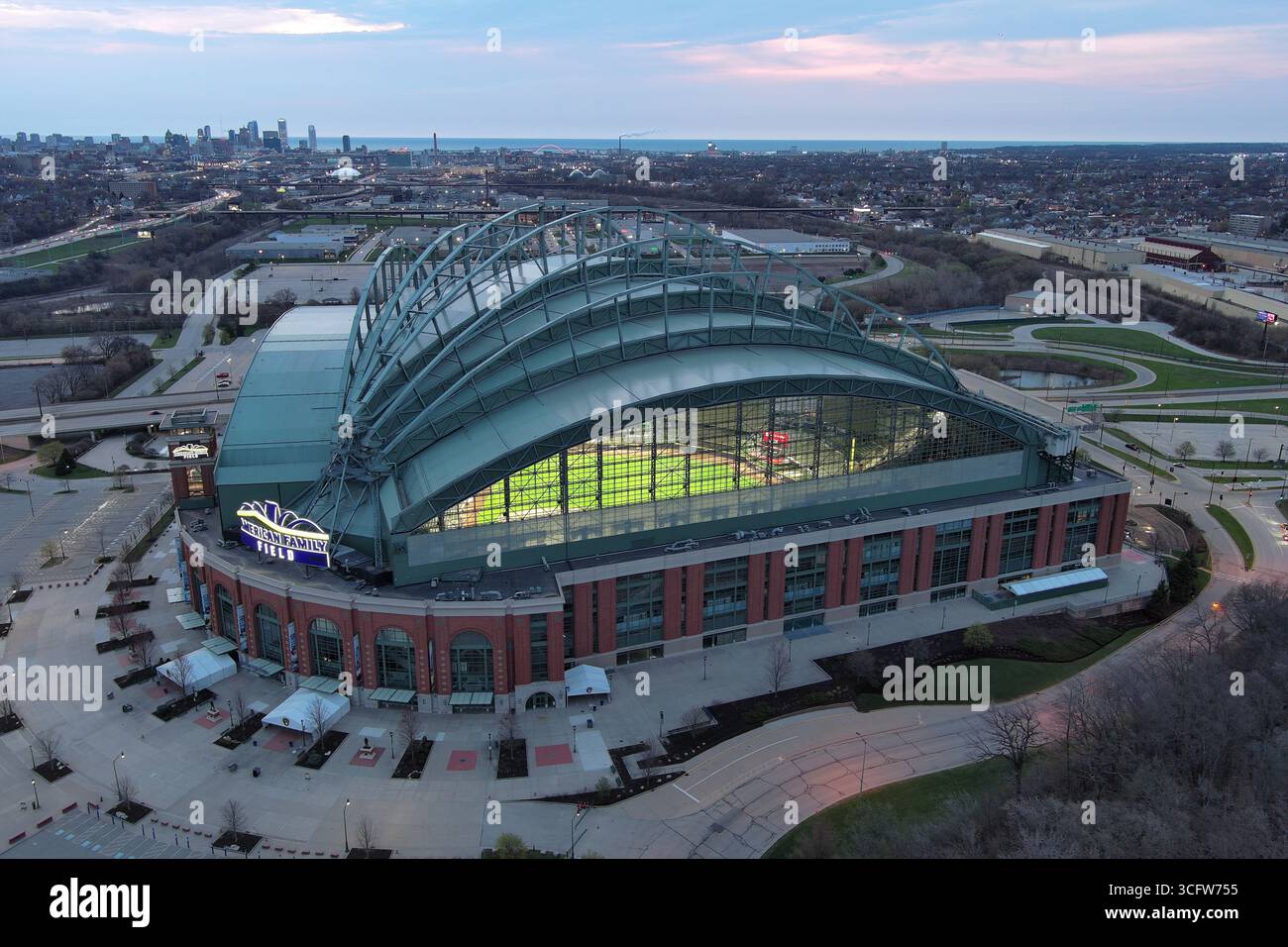 A general overall aerial view of American Family Field stadium, Friday ...