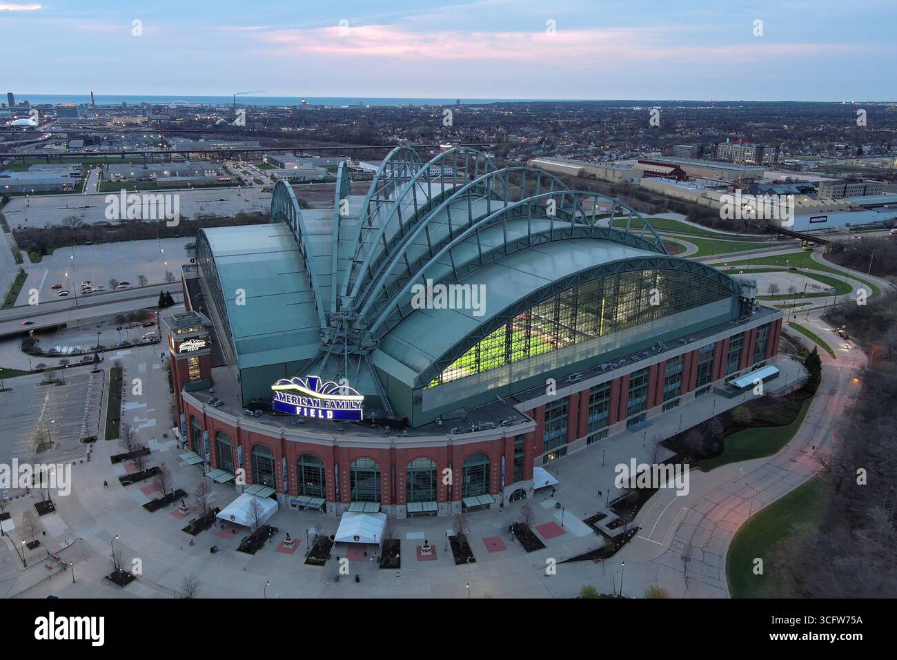 A general overall aerial view of American Family Field stadium, Friday ...