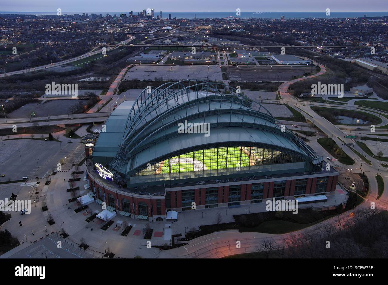 A general overall aerial view of American Family Field stadium, Friday ...