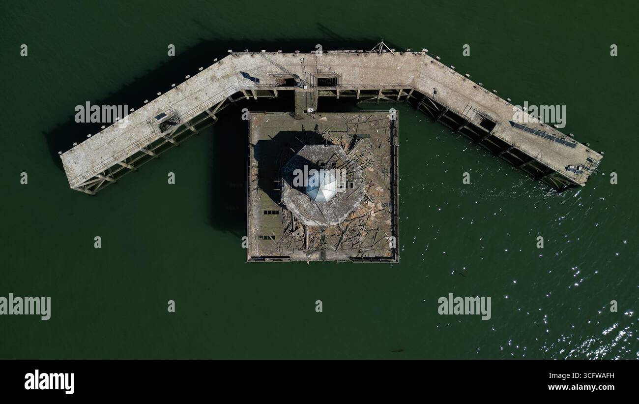 Aerial drone view of Herne Bay Pier Head and seafront, Kent, England ...