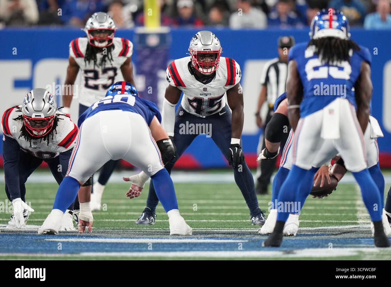 New England Patriots linebacker Monty Rice (45) eyes the passer before ...