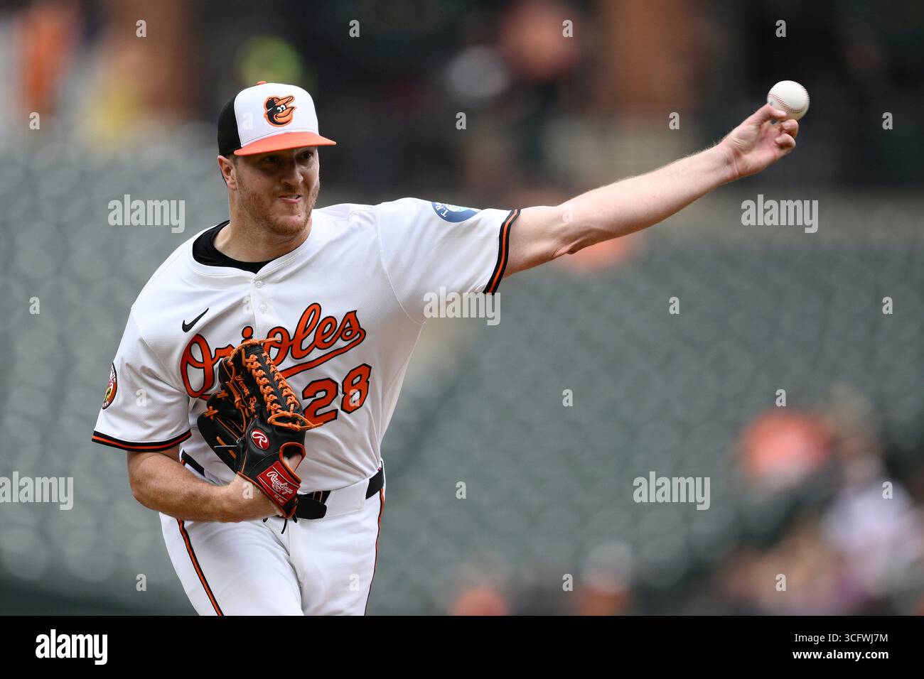 Baltimore Orioles starting pitcher Trevor Rogers (28) in action during ...