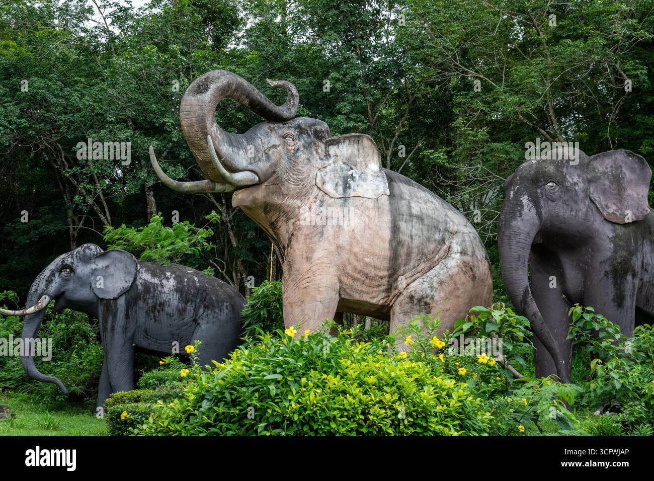 A close-up of elephant statues in the abandoned Koh Chang Grand Lagoona ...