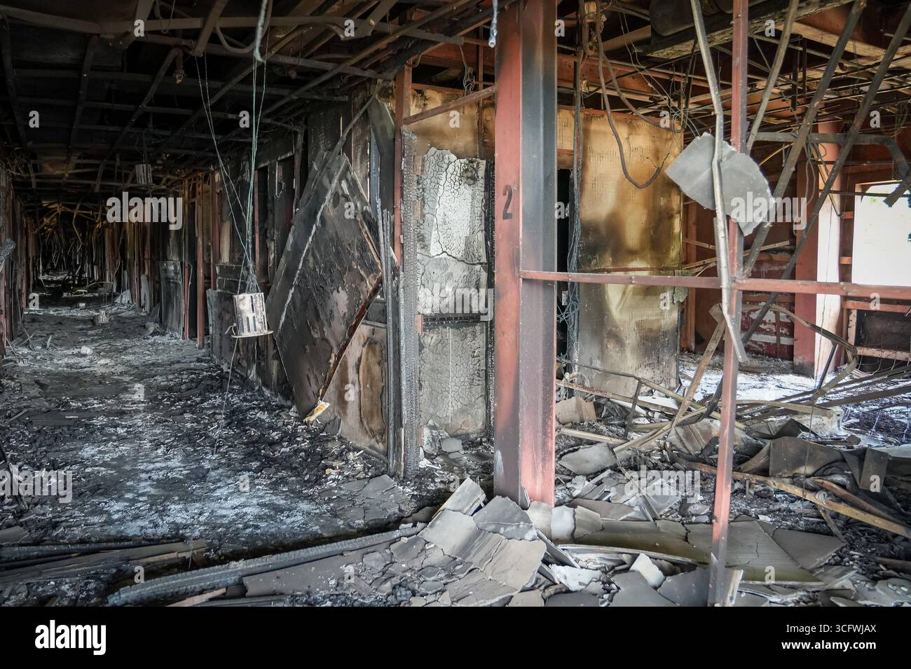 A view inside the burned corridor and passenger cabins of the Galaxy ...
