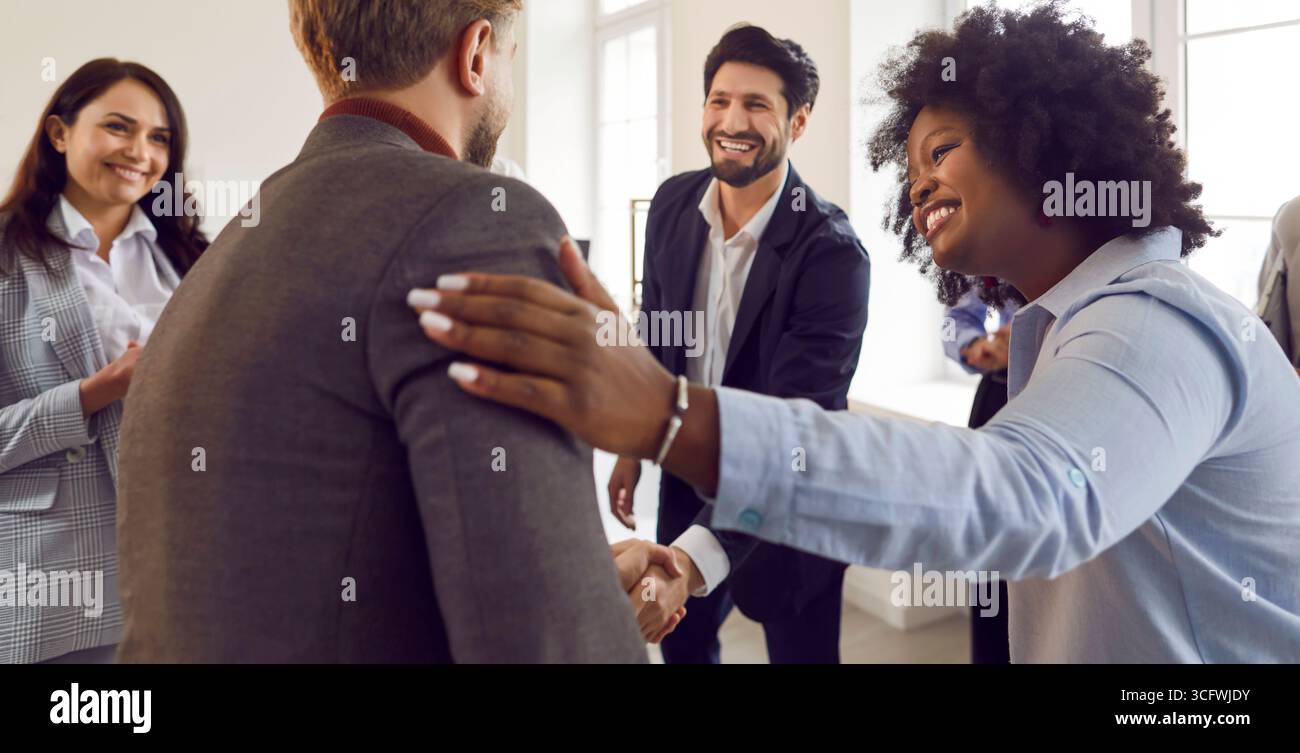 Diverse friends, companion congratulate hugging greeting each other ...