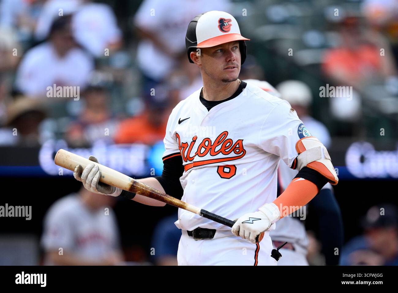 Baltimore Orioles' Ryan Mountcastle looks on during a baseball game ...