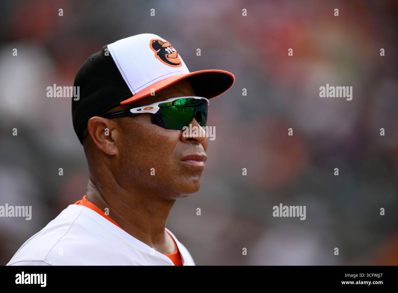 Baltimore Orioles first base coach Anthony Sanders (55) looks on during ...