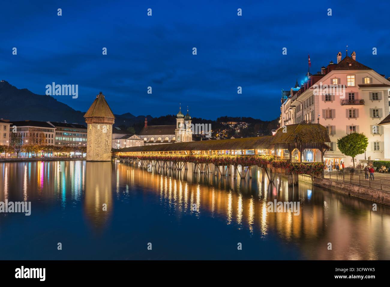 Lucerne (Luzern) Switzerland night city skyline at Chapel Bridge Stock ...