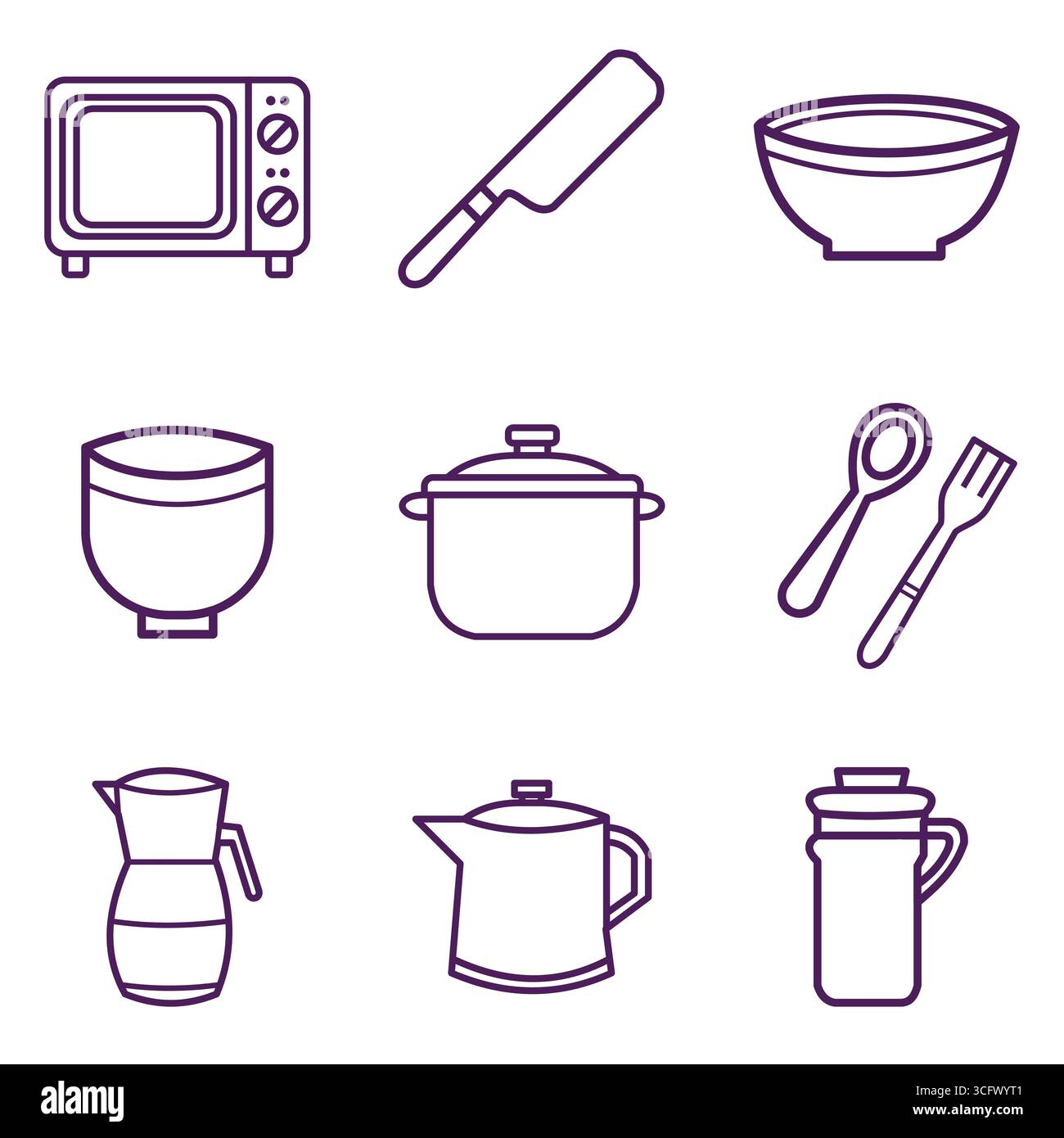 Vector Outline Kitchen Utensils Set in deep purple on white background ...