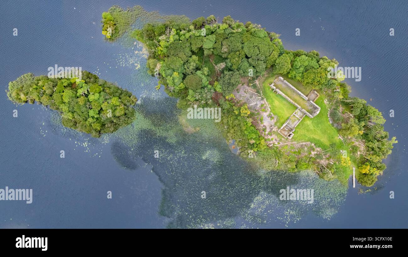 Aerial drone view of Trinity island in Lough Key lake, old ruins of ...