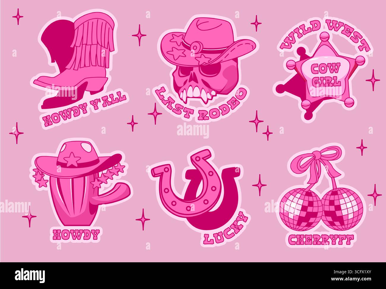 Pink disco cowgirl sticker set with horseshoe, cherry mirror balls ...