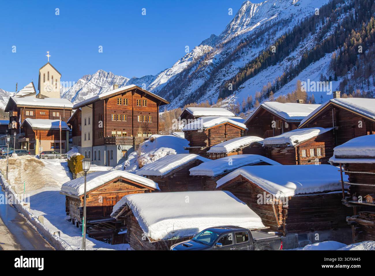 Swiss Chalet village Blatten in the Loetschental, Wallis. The town is ...