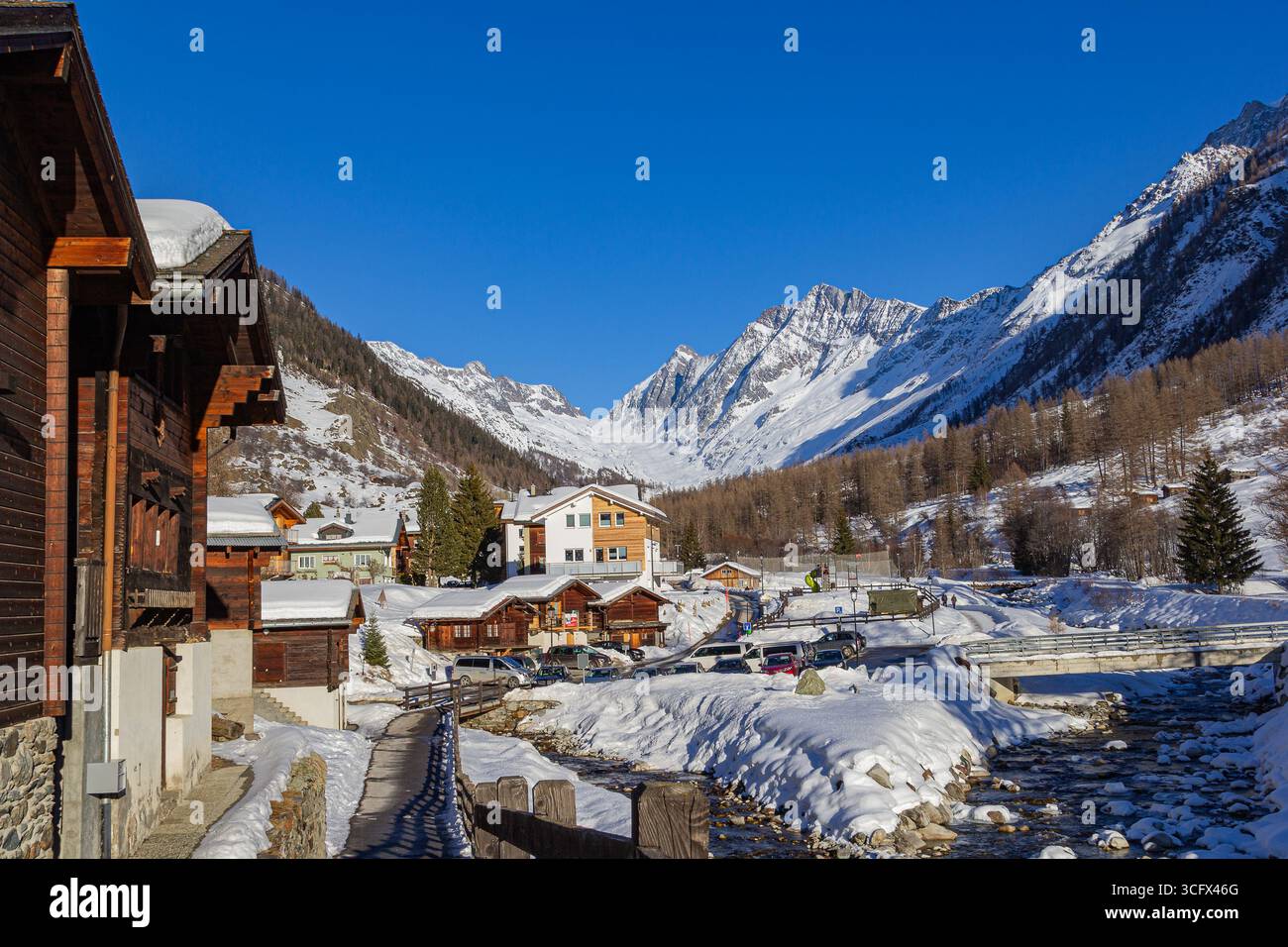 Swiss Chalet village Blatten in the Loetschental, Wallis. The town is ...