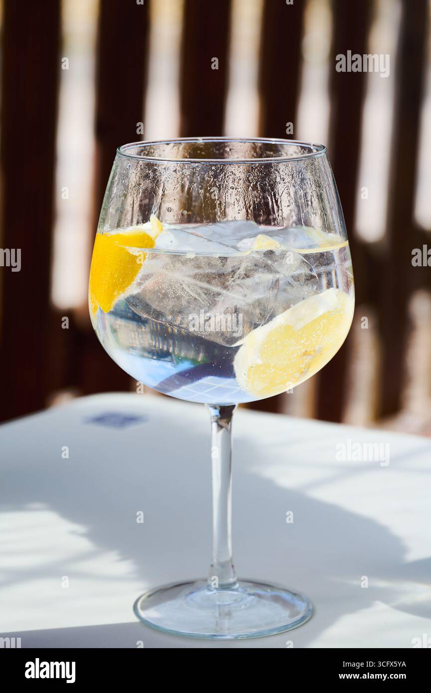 Gin tonic cocktail is served in a balloon glass with ice, lemon wedge ...