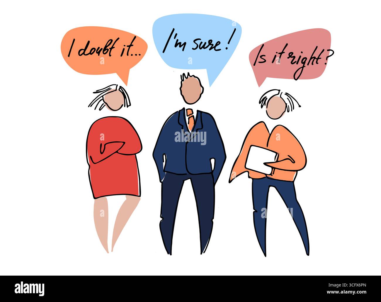 Different states of mind of business people: asking, in doubt, sure ...