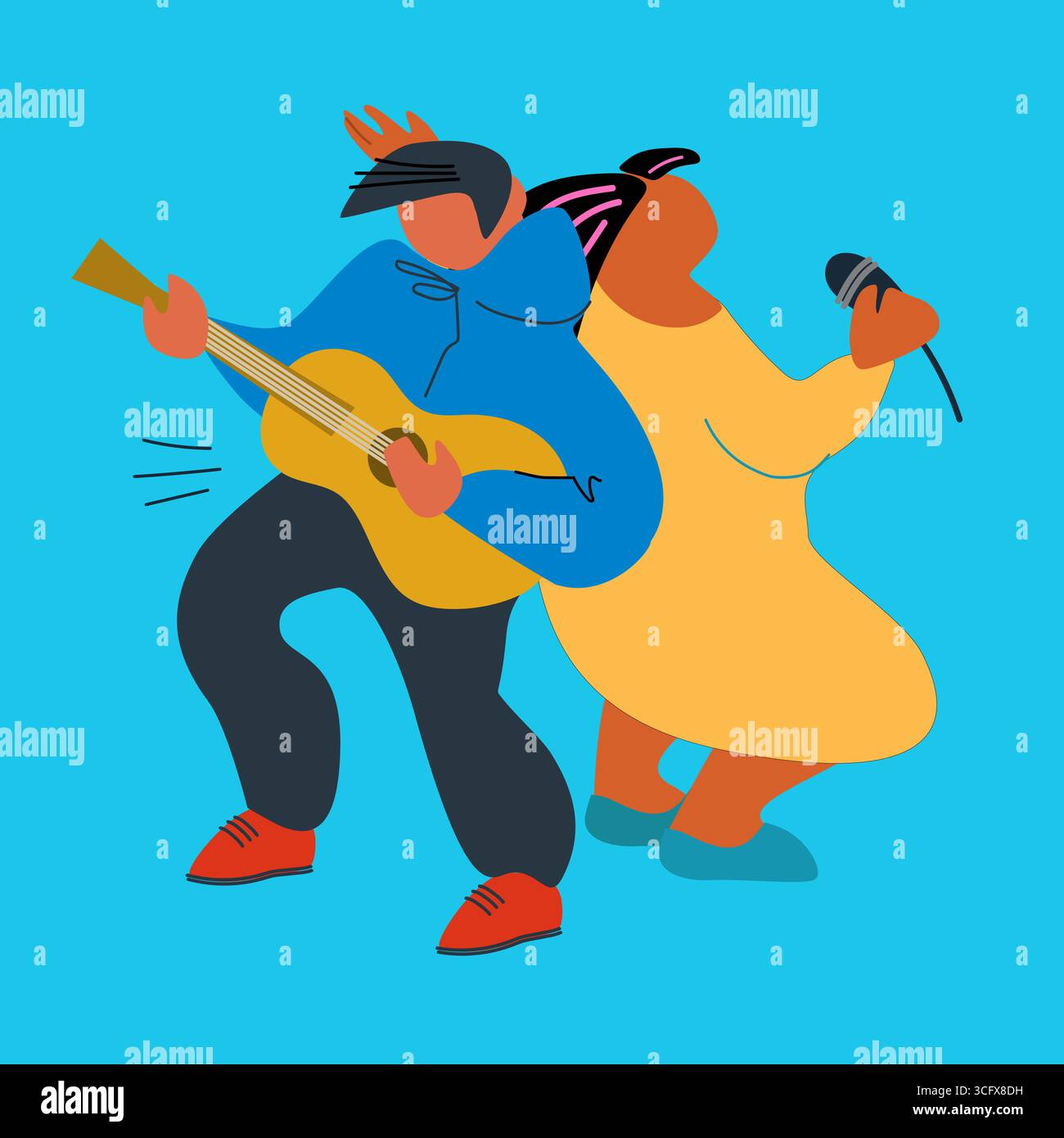 Guitar and vocal duet performance. Vector illustration in flat style ...