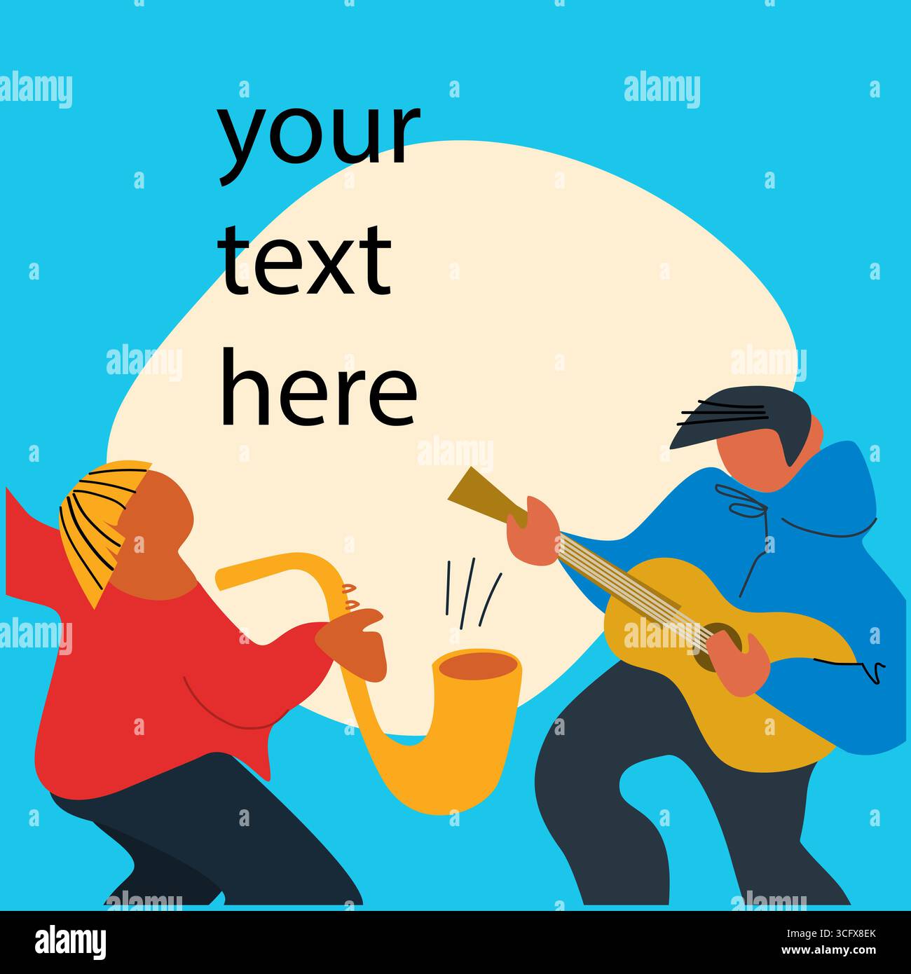 Event poster template with acoustic guitar and sax players making a ...