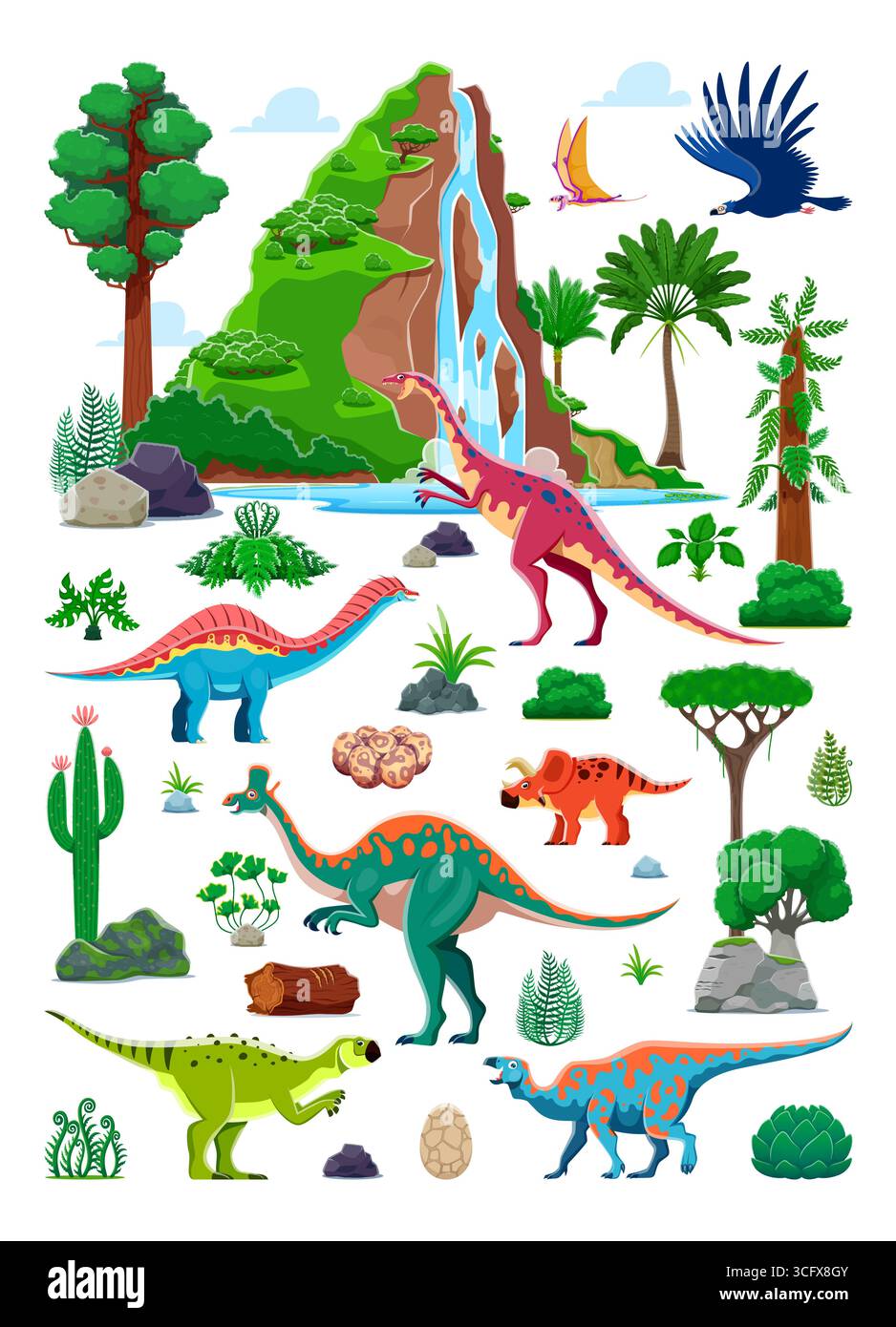 Prehistoric era dinosaurs characters landscape filled with dino species ...