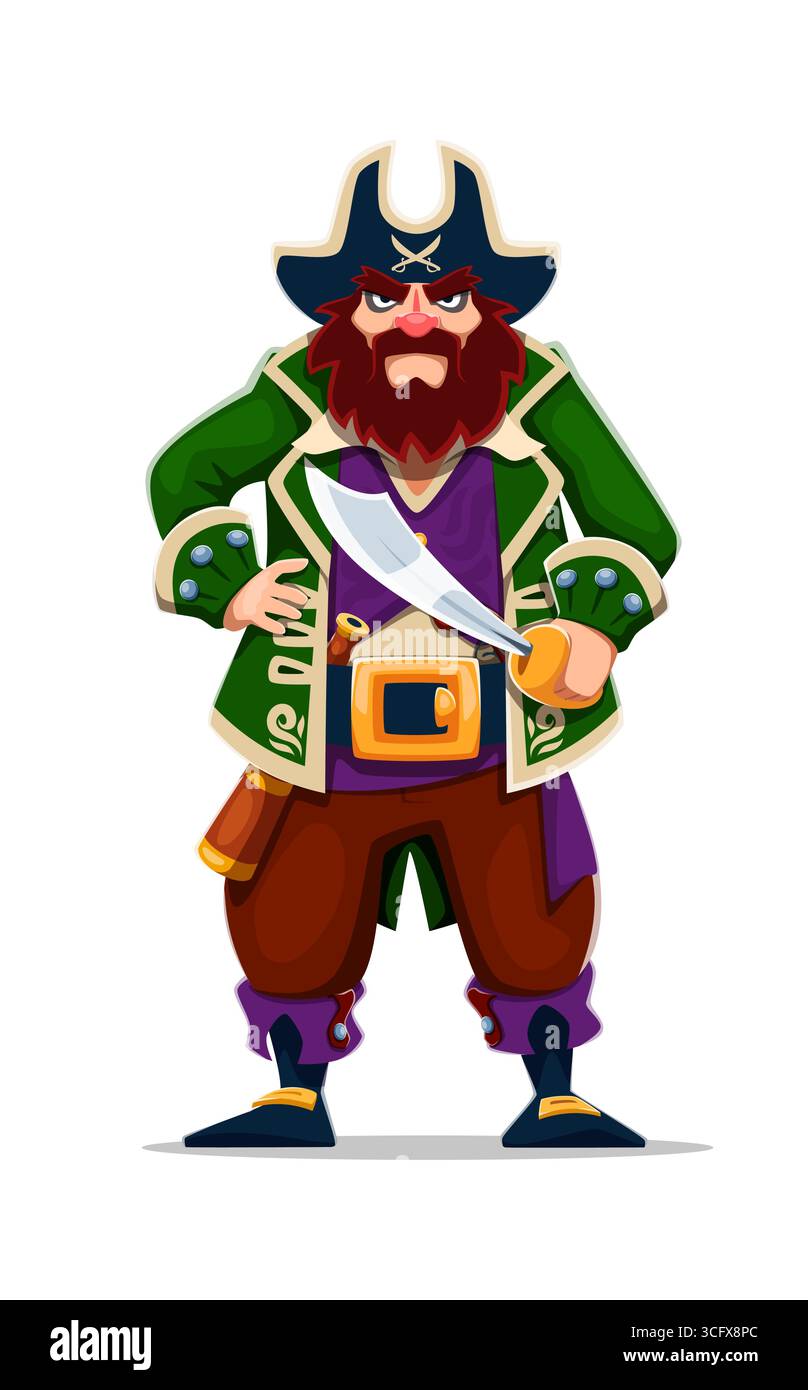 Cartoon pirate and corsair captain ship crew character in tricorn hat ...