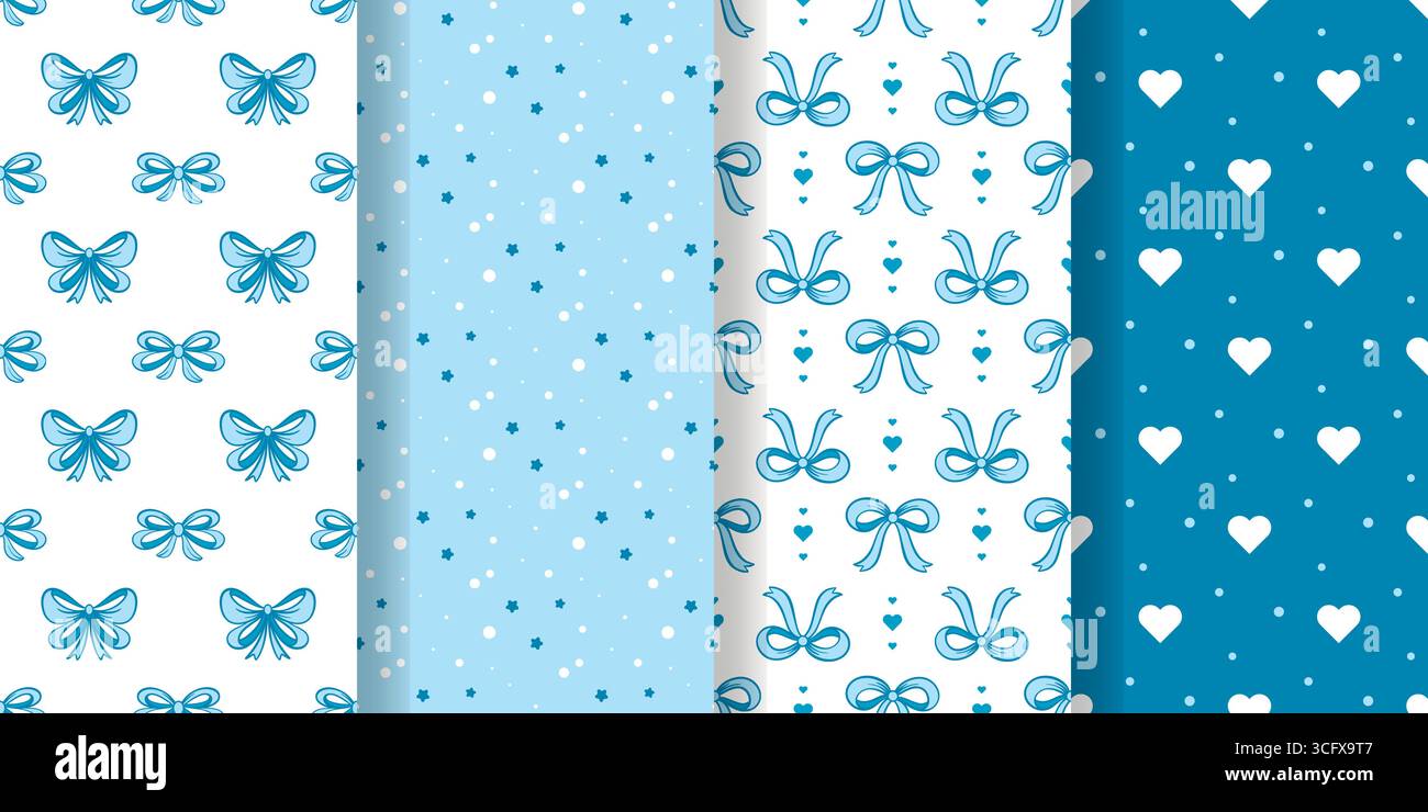 Collection of seamless patterns with delicate blue color with bows. Set ...
