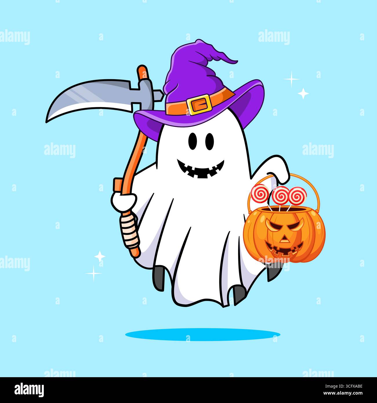 Ghost Witch with Scythe and Pumpkin Candy Bucket for Halloween Vector ...