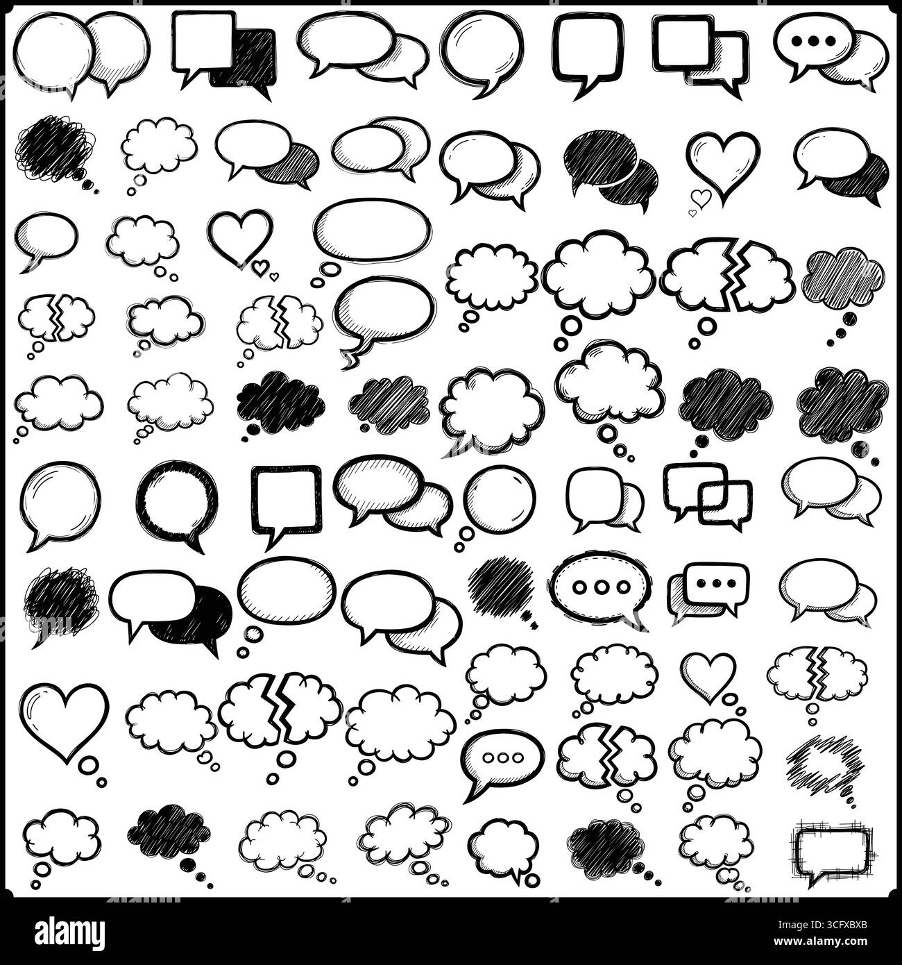 Hand Drawn Speech Bubbles and Thought Clouds Doodle Set - Comic Sketch ...