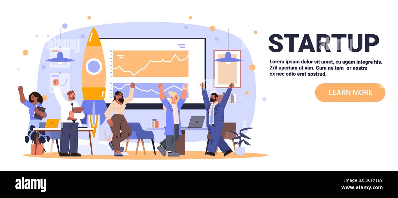 Startup business team celebrating success rocket launch growth charts ...