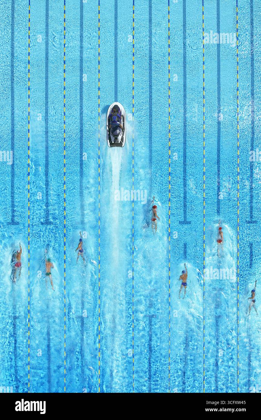 Wave Runner Racing Olympic Swimmers in Olympic Pool â€” Overhead Stock ...