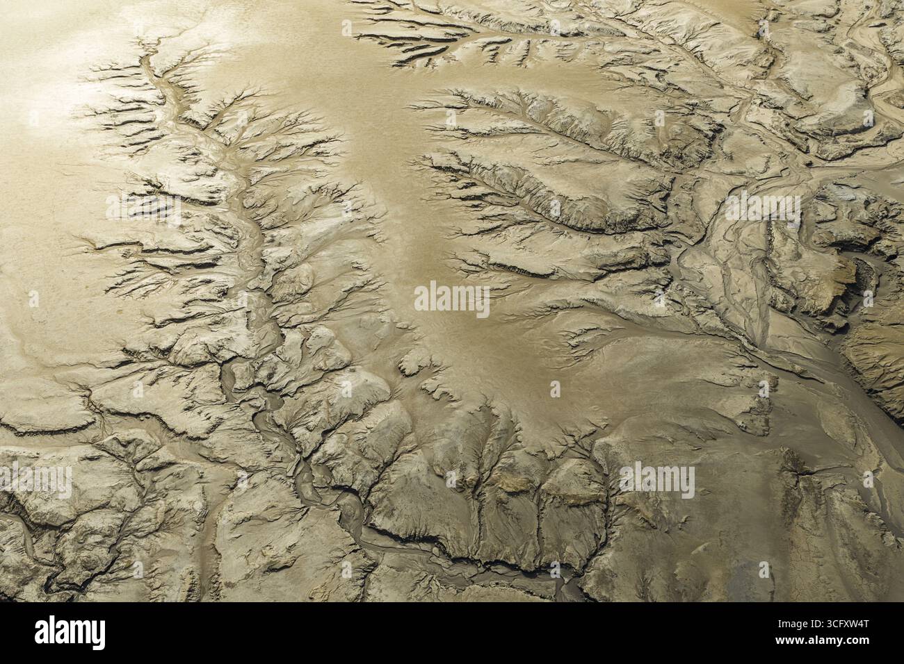 Aerial view of a desolate landscape etched with intricate drainage ...