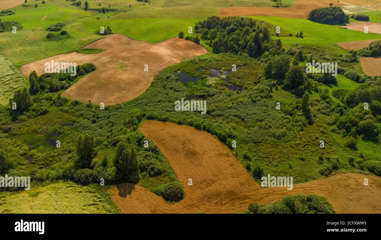 Aerial view of a rural landscape with green fields, meadows, farmlands ...