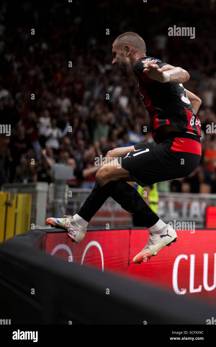 Strahinja Pavlovic of AC Milan celebrates after scoring a goal during ...