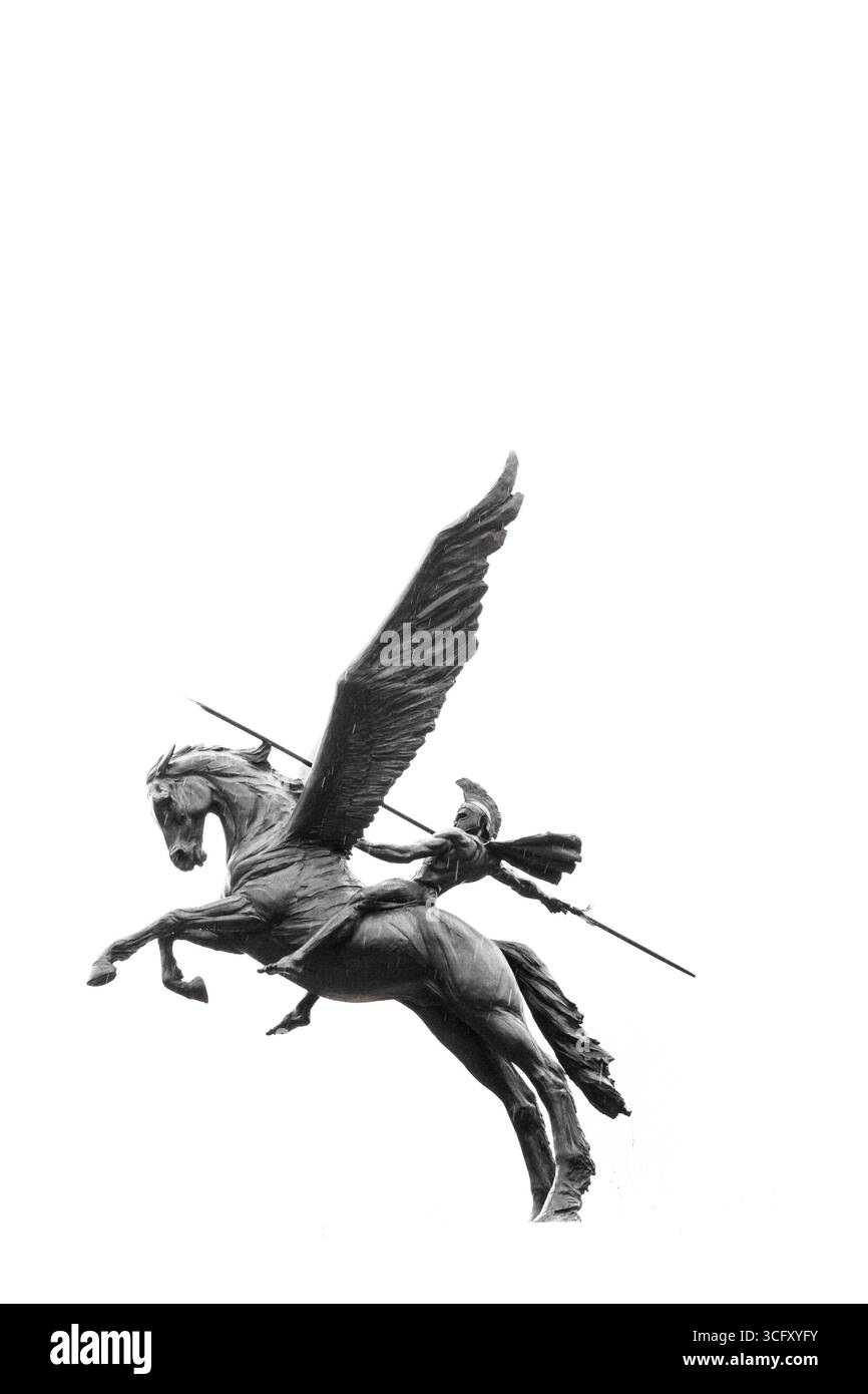 This statue of a knight on a winged horse (isolated on a white ...