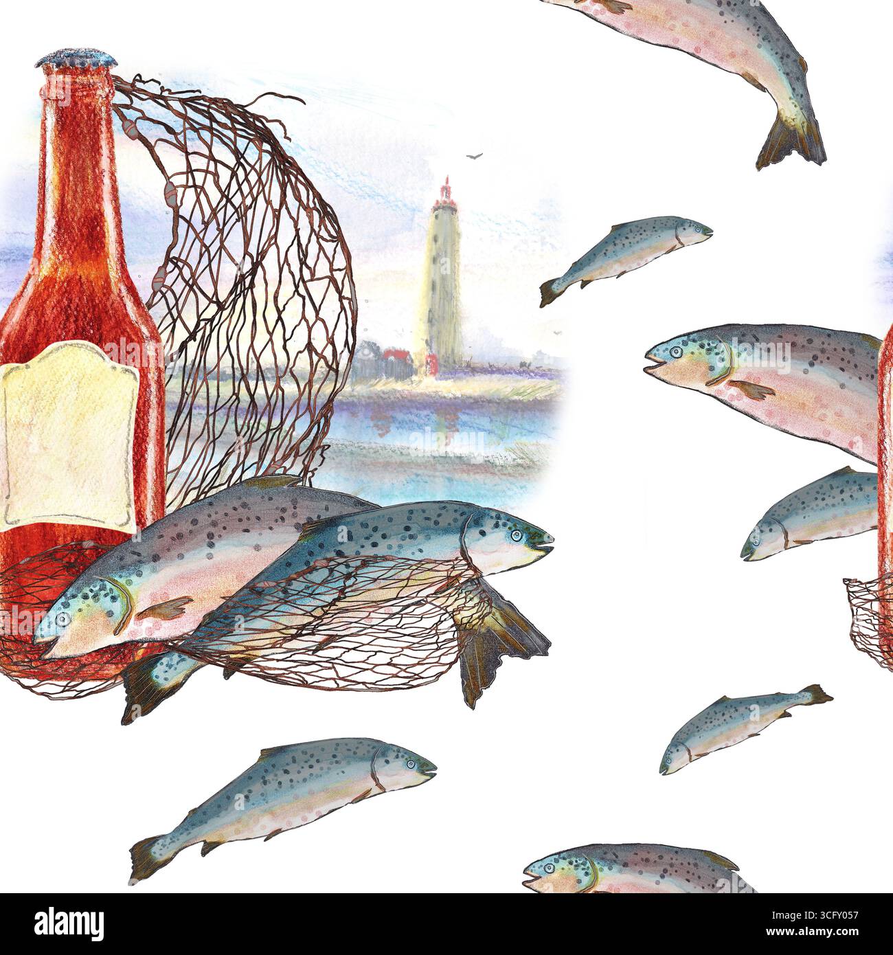Salmons in nets. Brown beer bottle net, sea and lighthouse. Watercolor ...