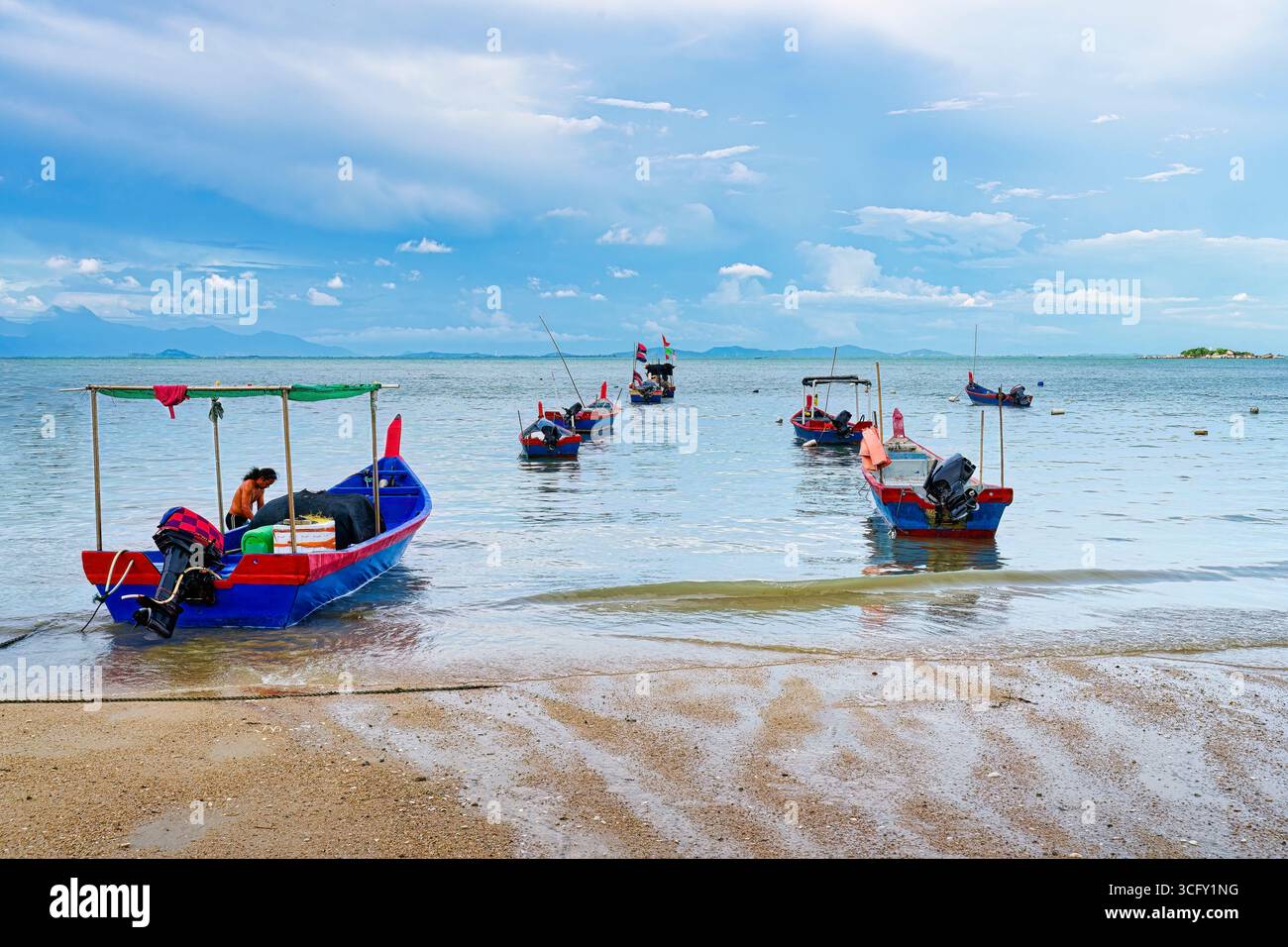 Fishing boats on Malacca Strait near Penang Floating Mosque, Penang ...