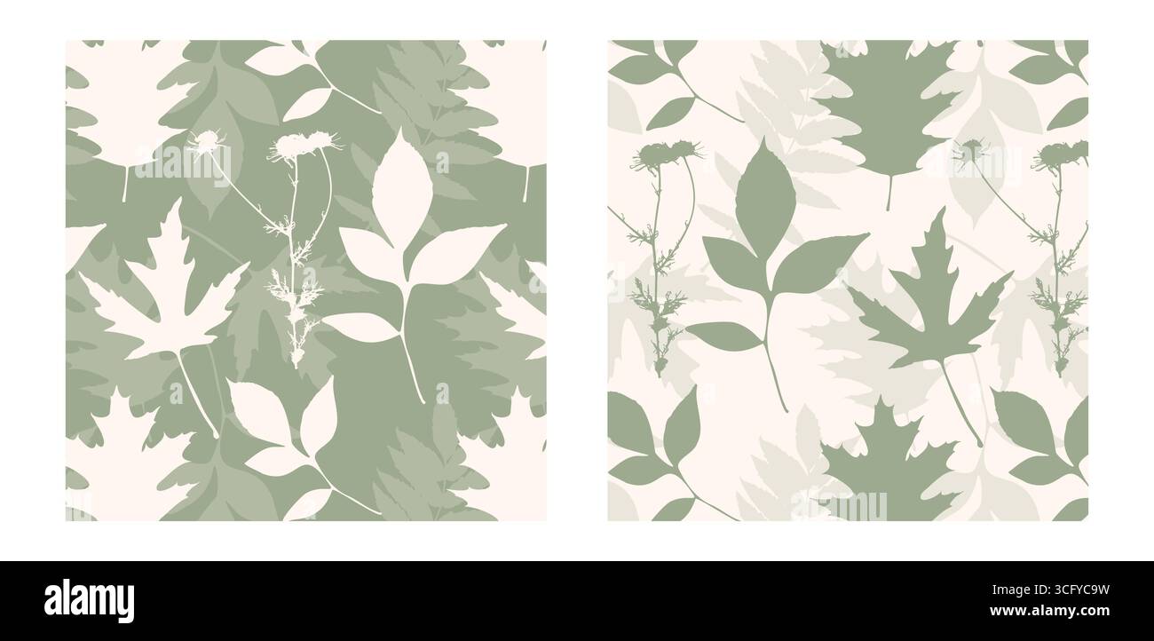Set green textile patterns. Soft patterns with leaves silhouettes ...