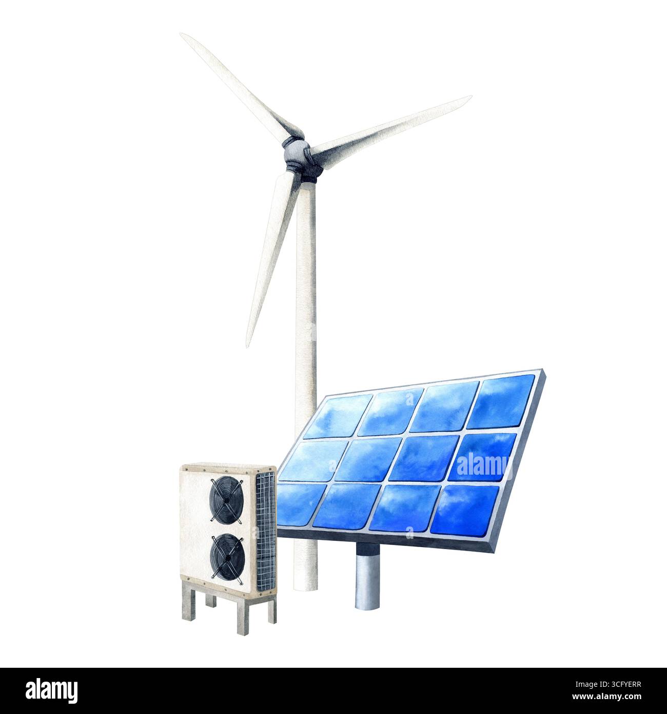 Solar battery, Wind turbine, Inverter heat pump. PV panel, conditioner ...