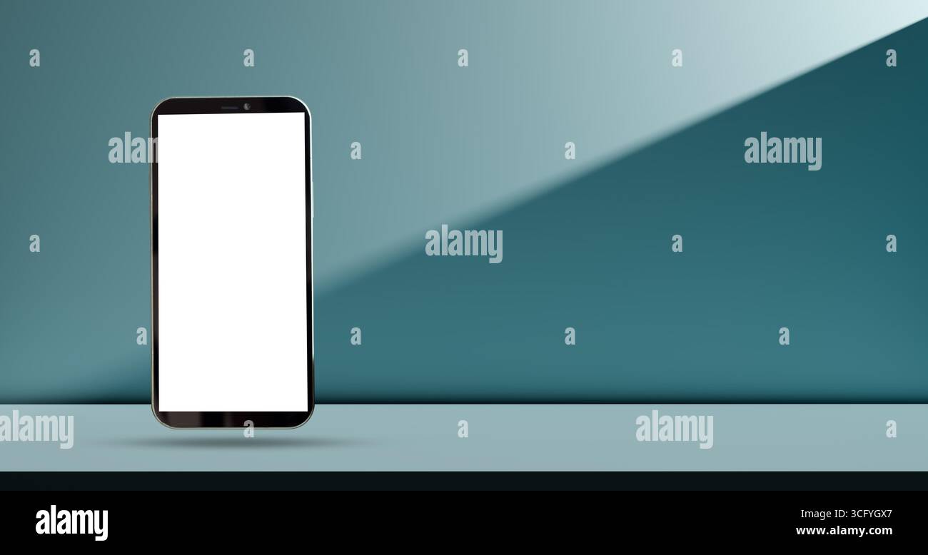 Modern smartphone with blank white screen on teal background and ...