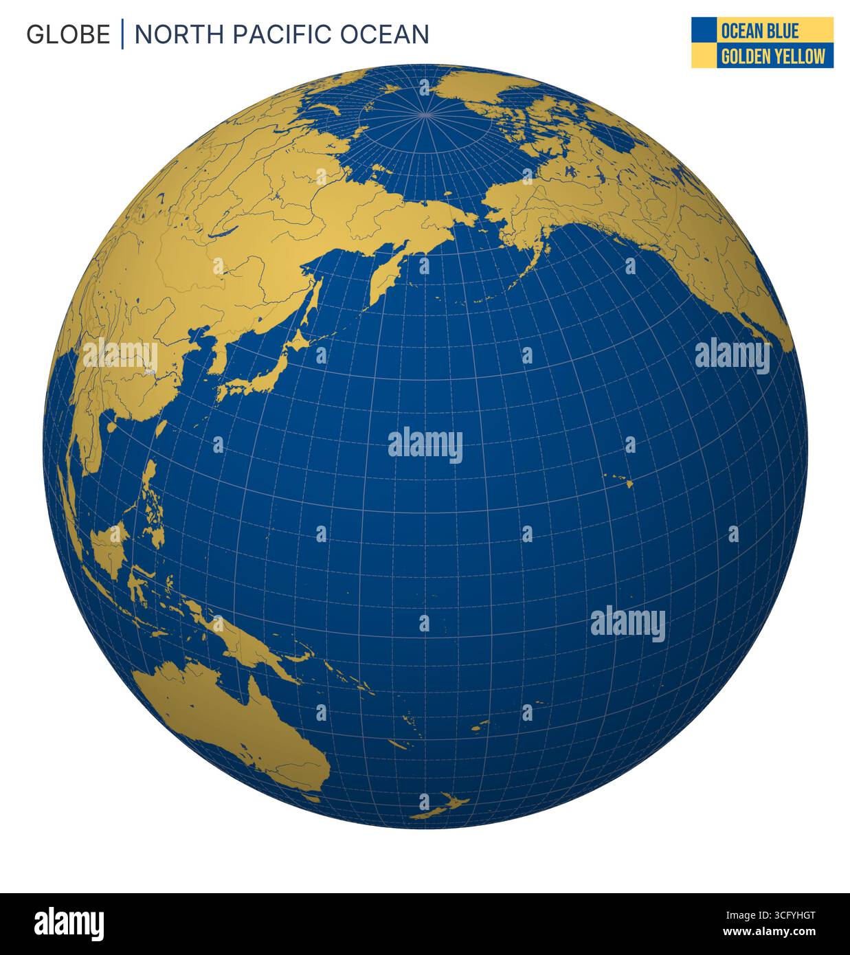 Vector Globe centered to North Pacific Ocean. Ocean Blue Golden Yellow ...