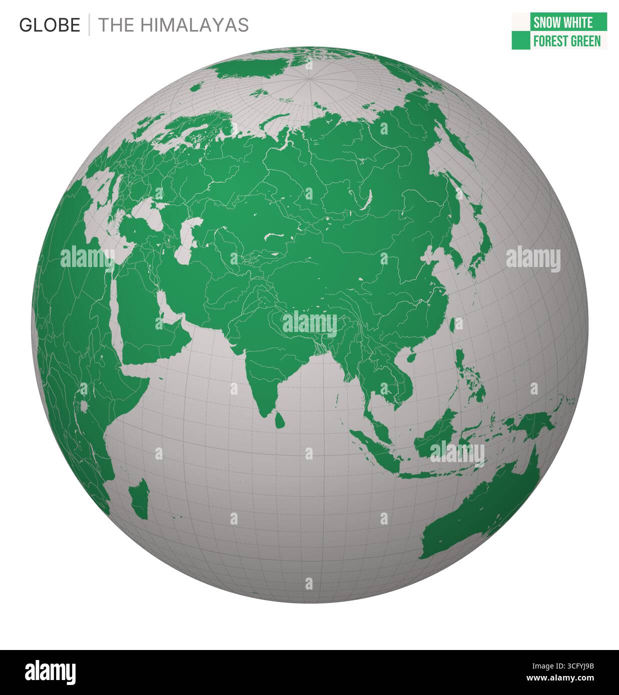 Vector globe centered on the Himalayas. Snow white and forest green ...