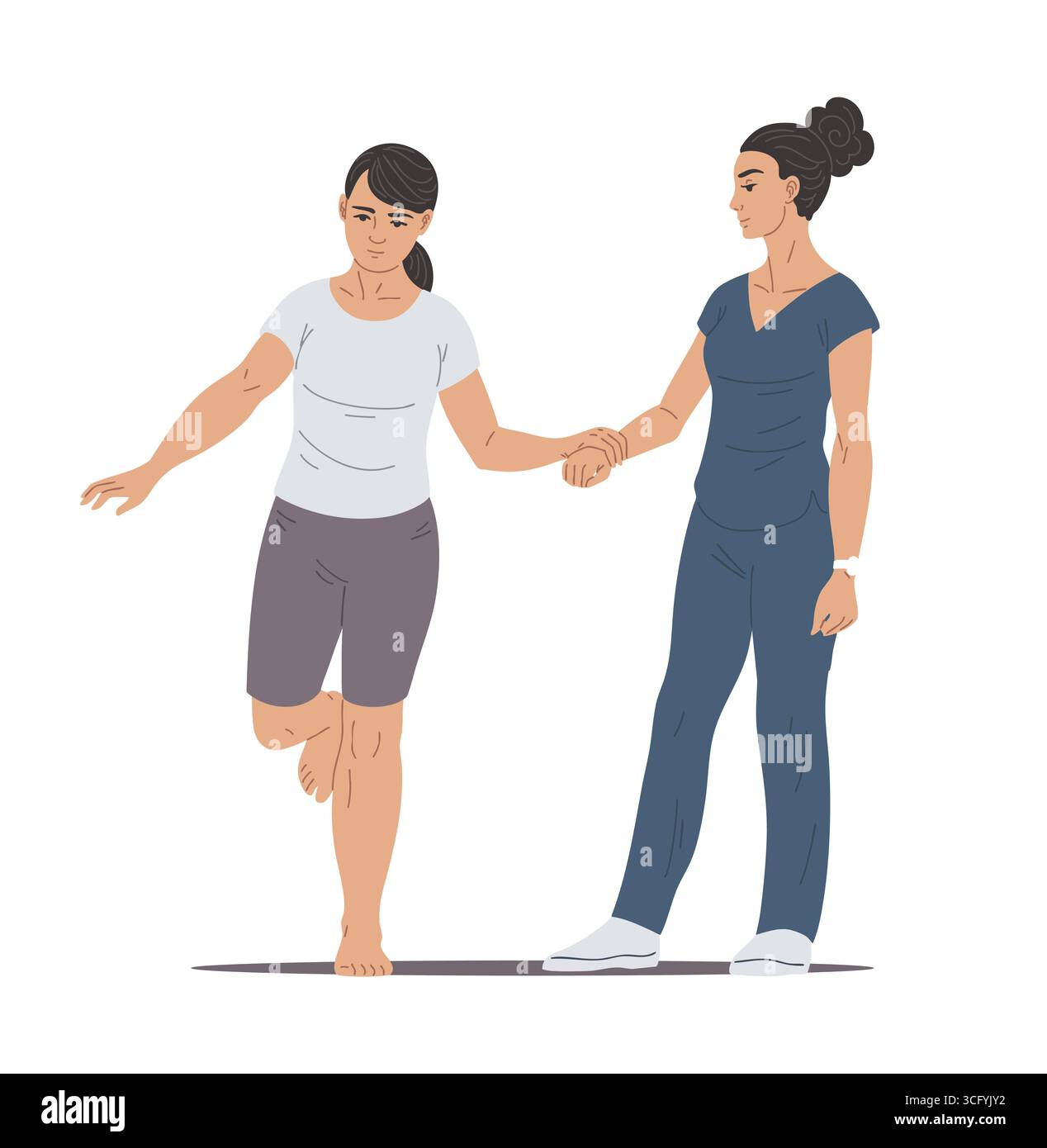 Physiotherapist helps woman balance exercise standing on one leg Stock ...