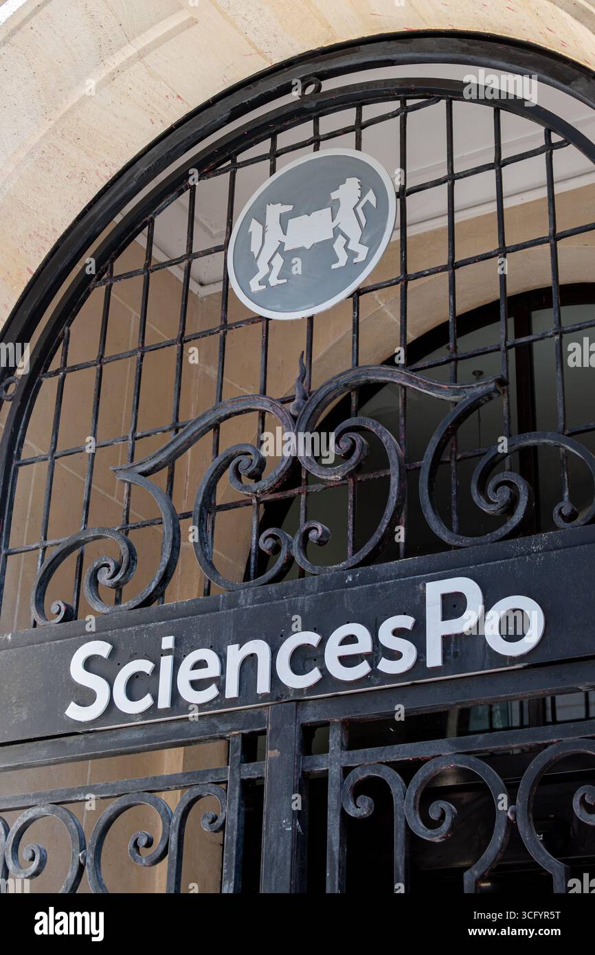 Sign and logo at the entrance to the Paris Institute of Political ...