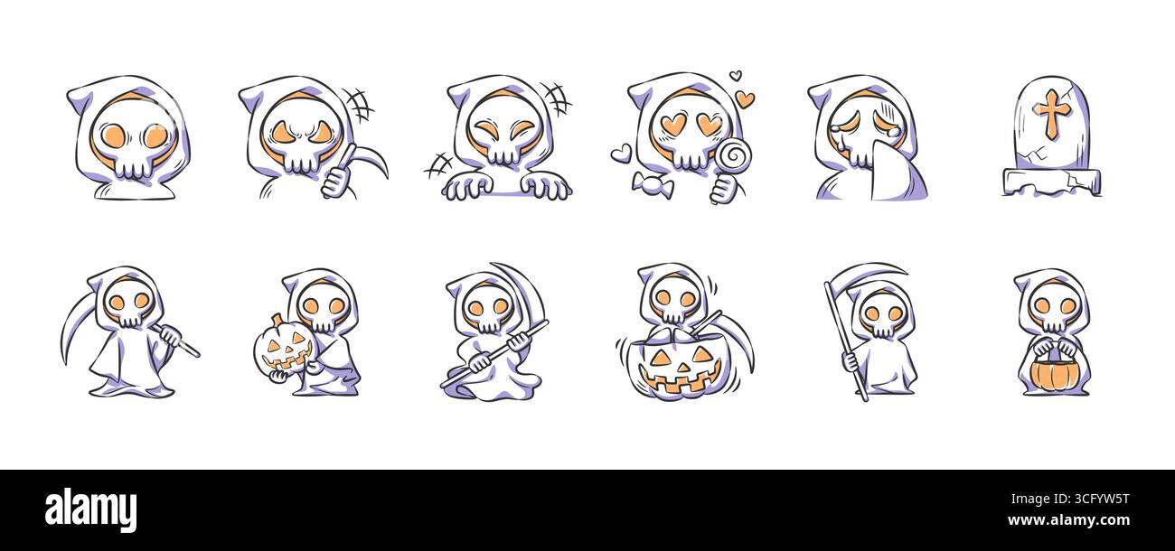 Set of halloween cute and spooky grim reaper character illustration ...