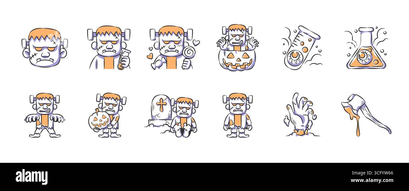 Set of halloween cute and spooky Frankenstein character illustration ...