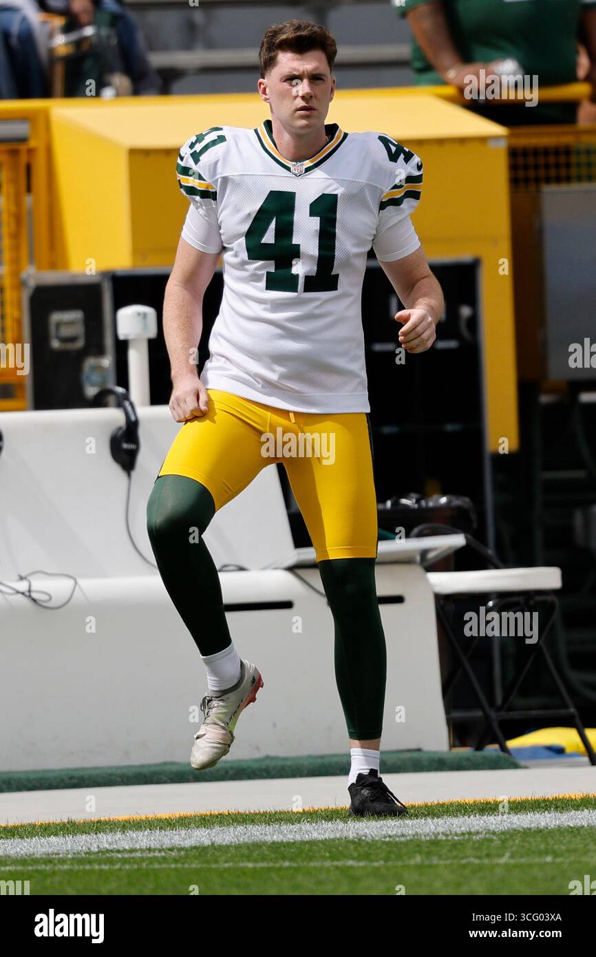 Green Bay Packers place kicker Mark McNamee (41) warms up on the field ...